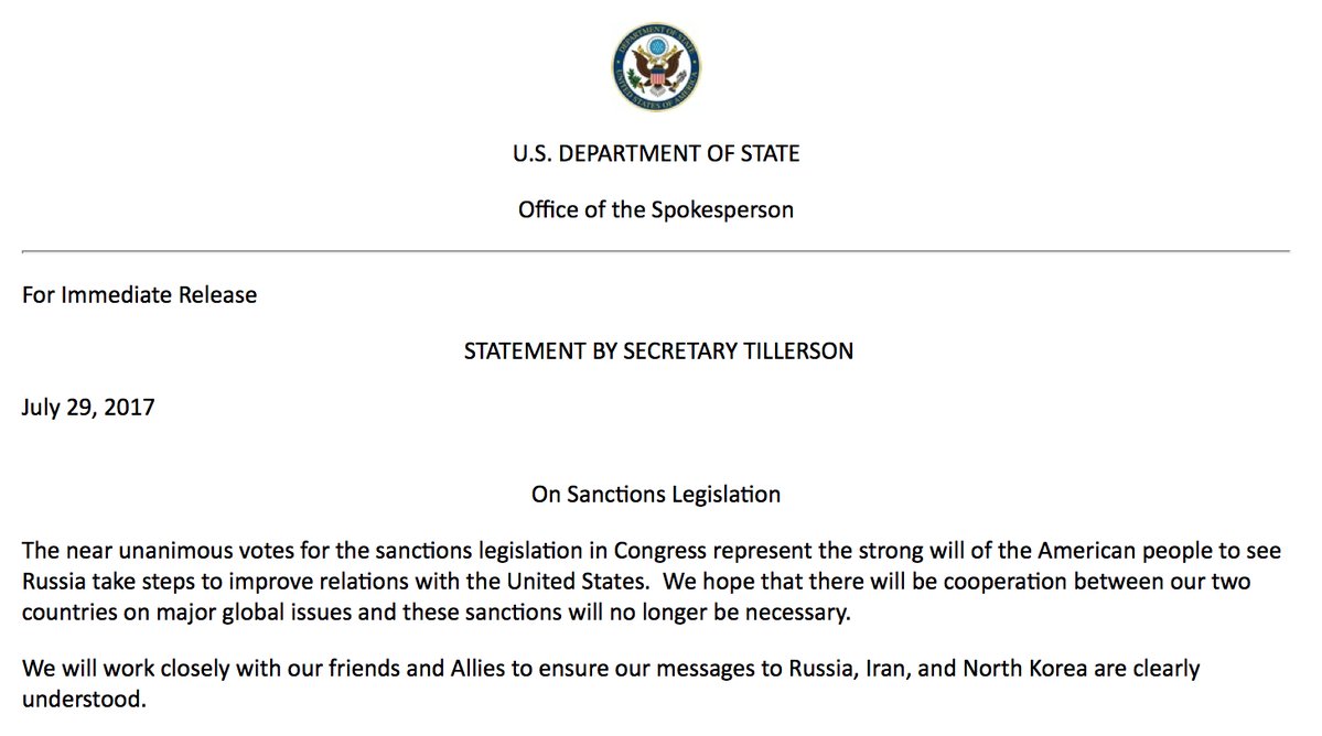 Sec. Tillerson: Sanctions bill represents “strong will of the American ... Sec. Tillerson: Sanctions bill represents “strong will of the American ...